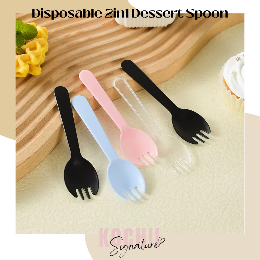 KOCHII 50PCS Disposable 2in1 Disposable Plastic Dessert Fork Spoon Cake ...