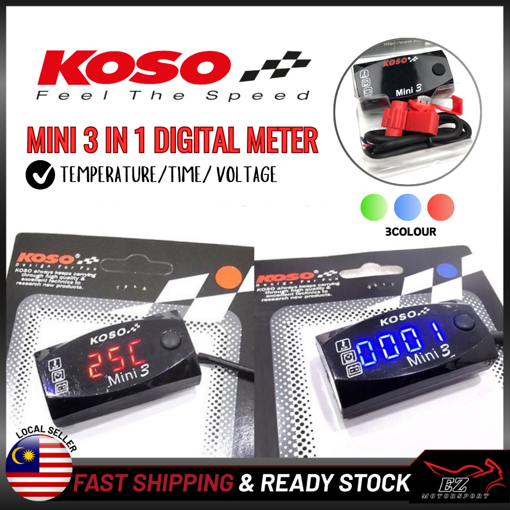 KOSO MINI3 METER 3 IN 1 Universal (Clock, Temperature, Voltage) 12V 24V ...
