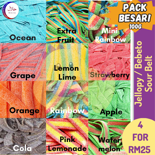 4 For RM25 Bebeto Haribo Jellopy Halal Vegan Turkey Sourbelt 100g ...