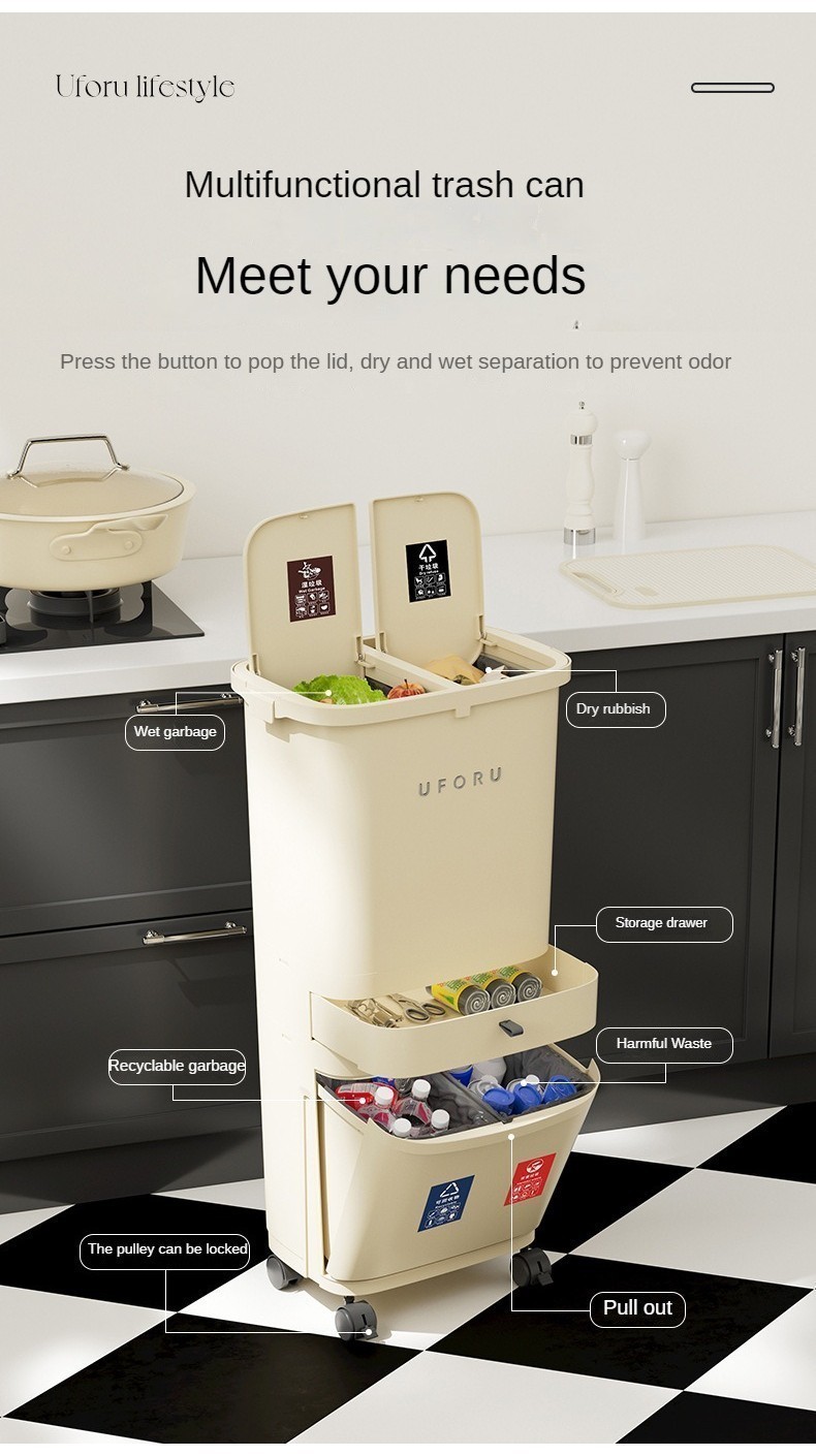 Kitchen Household Trash Can, Push Type With Pulley Bend-Free Multi ...