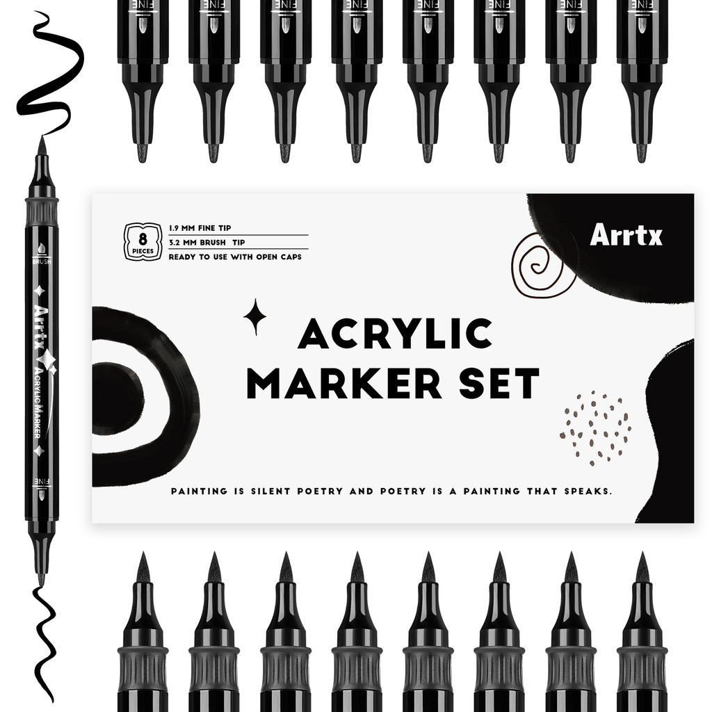 Arrtx 8 Black Acrylic Paint Markers Dual Tip | Shopee Malaysia