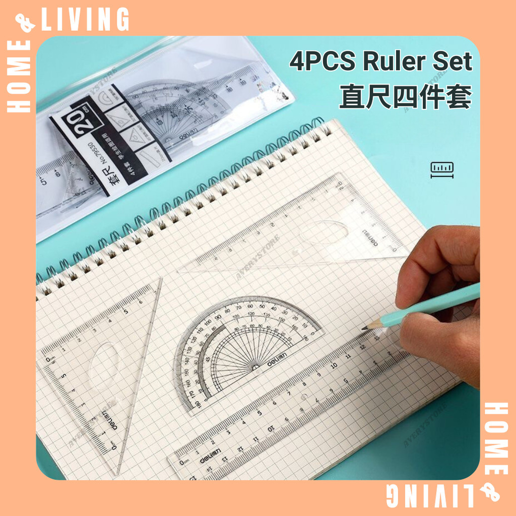 DELI Ruler Set 4PCS Stationery Student School Triangular Ruler ...