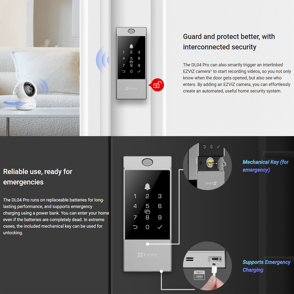 Ezviz DL04 Pro Smart Home Deadbolt Lock Security Fingerprint Door Lock ...