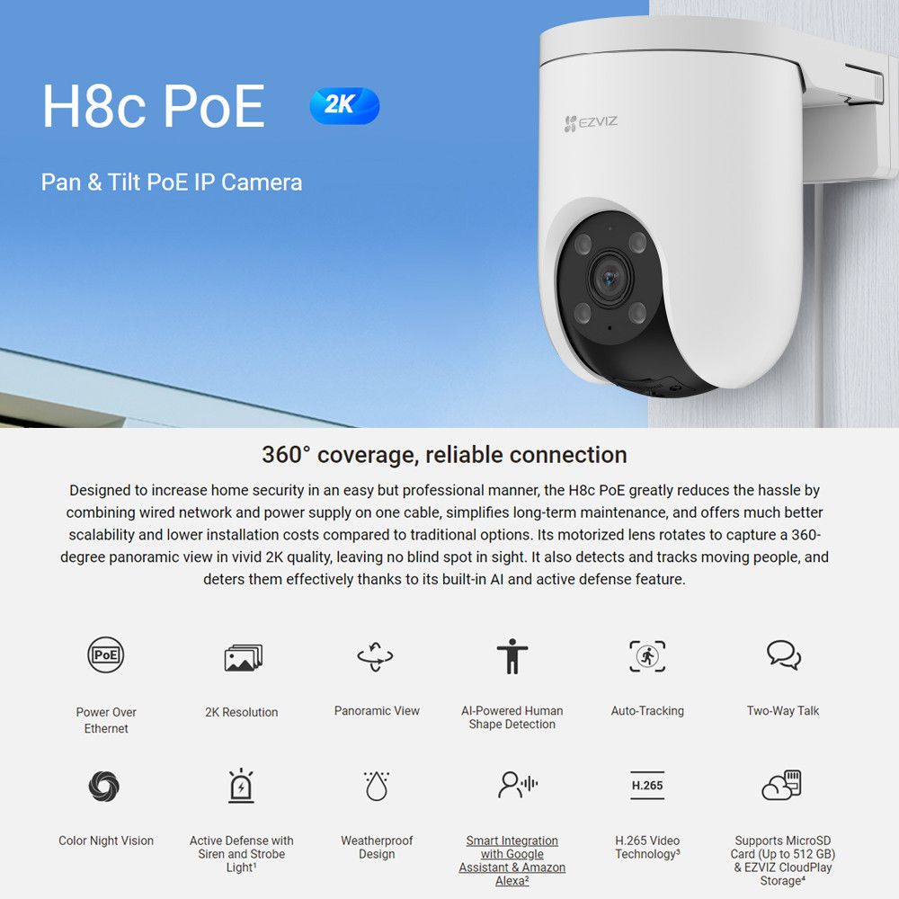 EZVIZ H8C PoE 3MP 1296P 2K Two Way Talk Pan/Tilt Color Night Vision Motion Detection Outdoor PoE ...