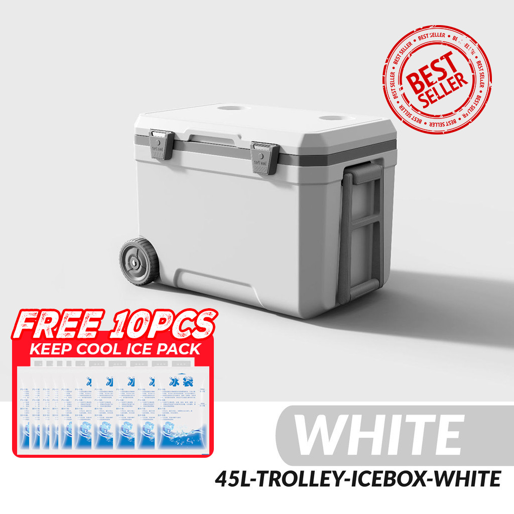 45L Camping Cooler Box with Wheel Trolley Large Ice Box Outdoor Fishing ...
