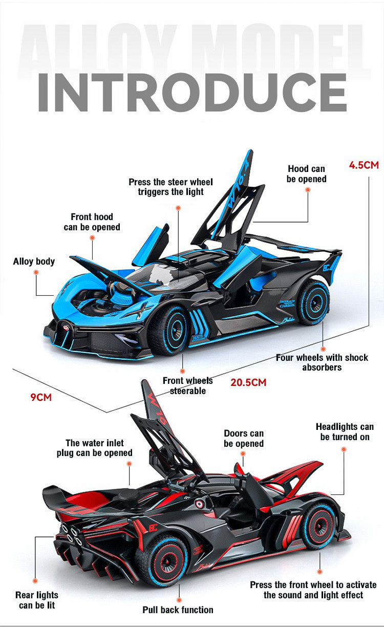 KLT 1:24 Bugatti Bolide Supercar Metal Alloy Toys Car Model Diecast ...