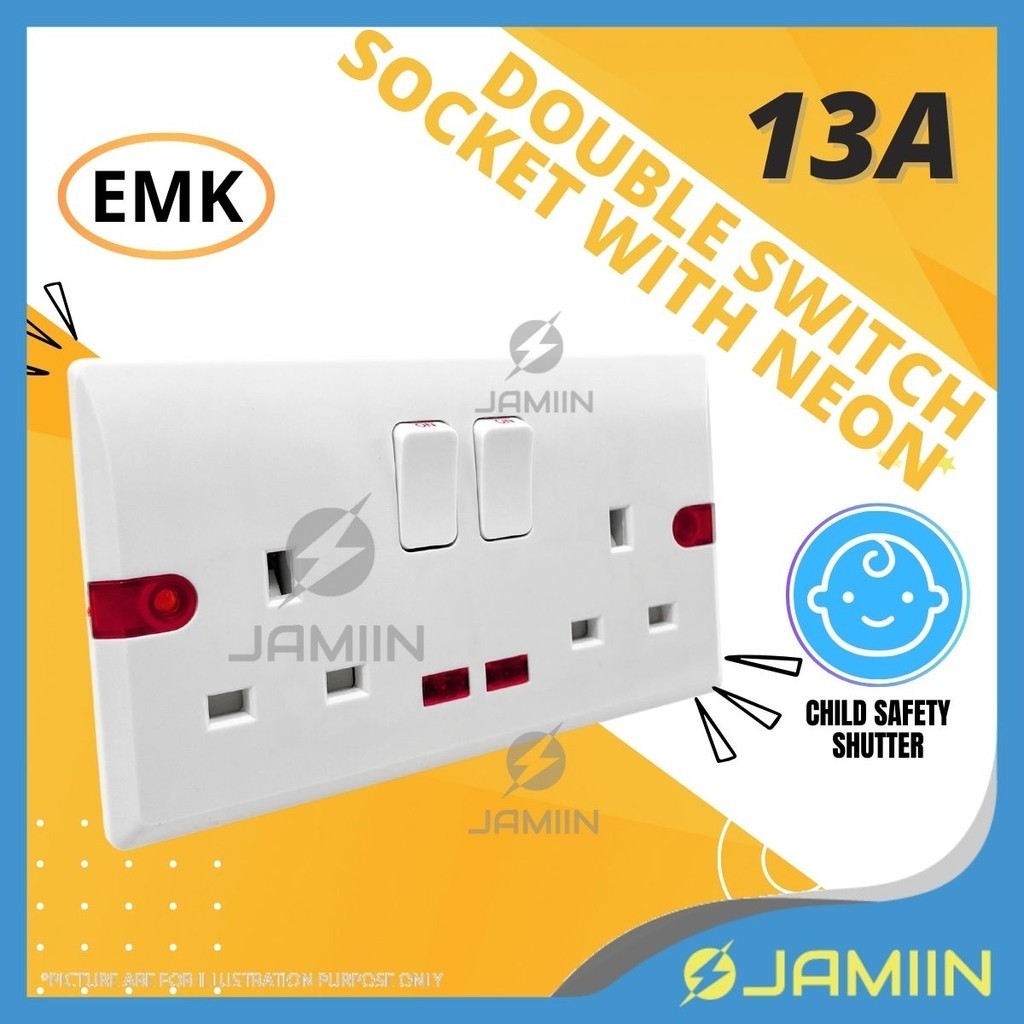 13A 250V DOUBLE SWITCH SOCKET WITH NEON 2 Way White Switch Socket Switches Wall Socket Extension ...