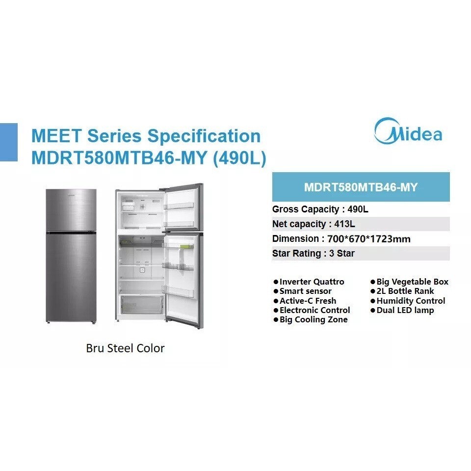 MIDEA MDRT489MTB46-MY 400L l MDRT580MTB46-MY 490L 2-DOOR INVERTER ...