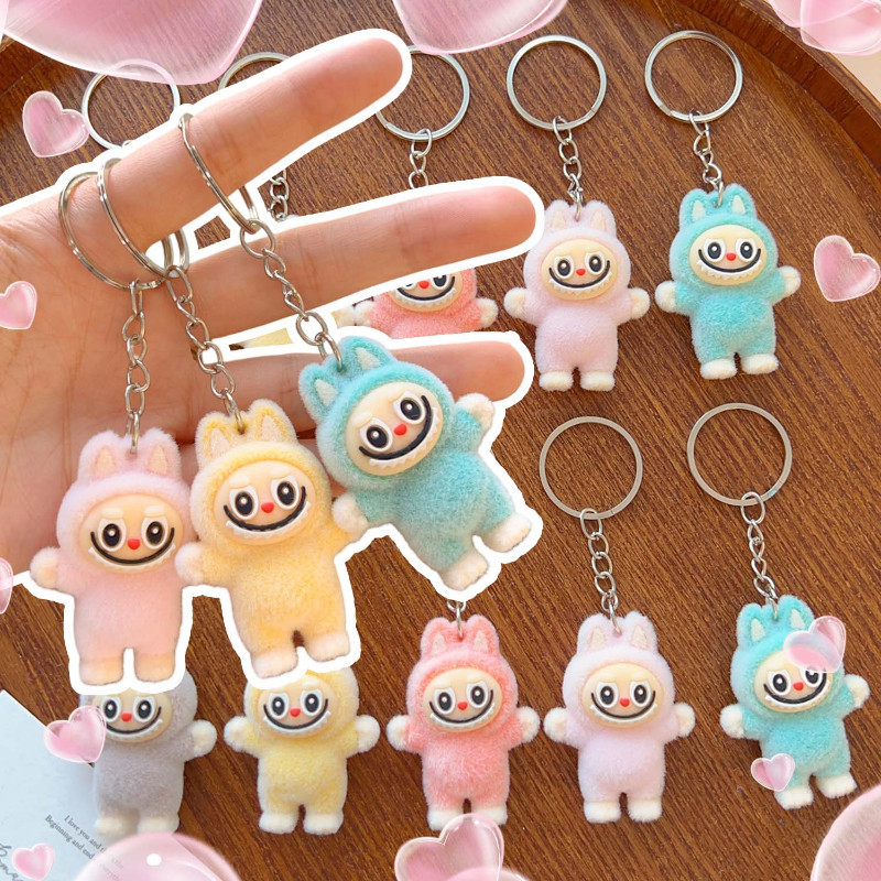 [HOT] Cartoon Labubu Flocking Keychain - Bag Car Key Decor - Monsters Bunny Keychain - Exquisite ...