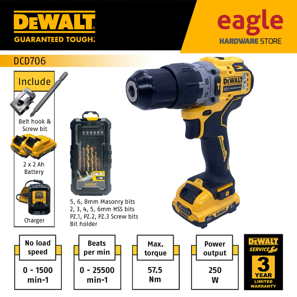 Dewalt DCD706D2A-B1 10mm ( 3/8" ) 10.8/12V Brushless Cordless Hammer ...