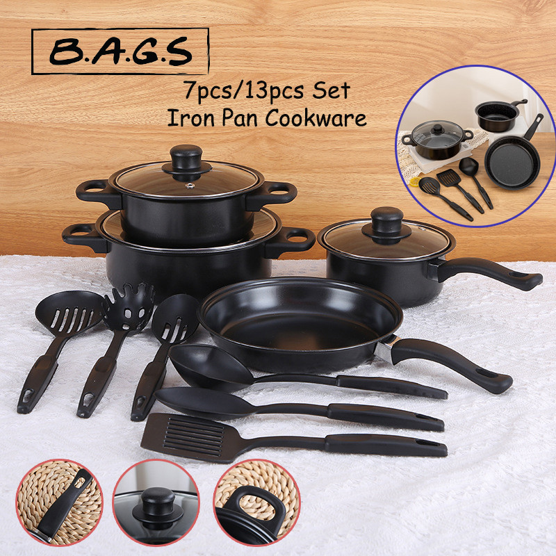 THEBAGS 7pcs/13pcs Set Iron Pan Cookware Set Non Stick Granite Pan ...