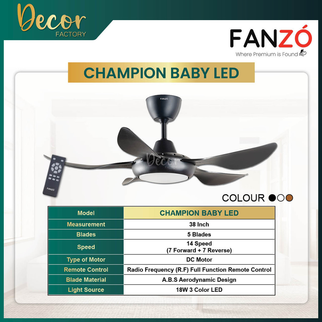 FANZÓ Fan FANZO CHAMPION Baby LED Fan [NEW2024] 38" 5 Blades 7 Speed DC ...