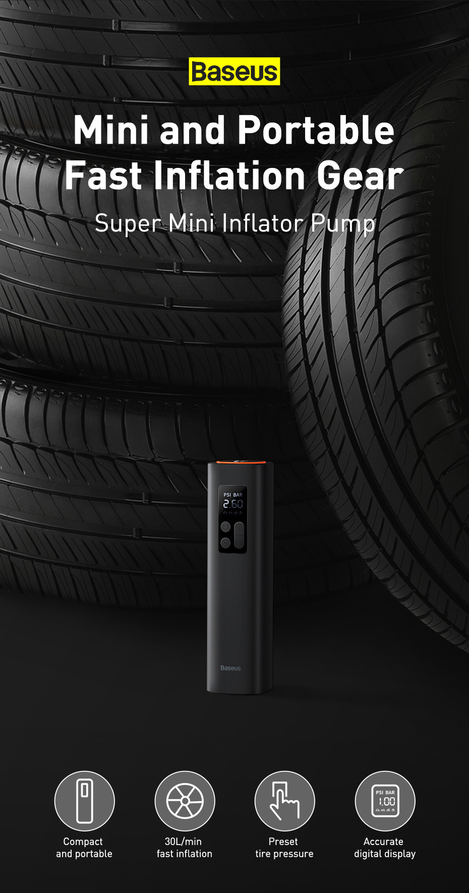 Baseus DC 12V Super Mini Digital Display Inflator Pump Maximum Pressure ...