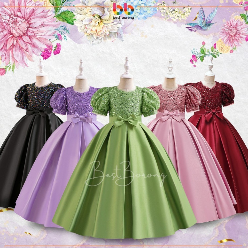 Dress Lace Sequin Flower Girl Kids Princess Wedding Birthday Party Gaun ...
