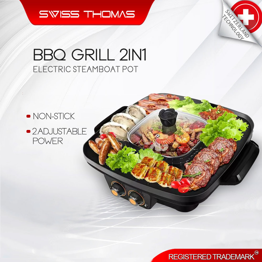 Swiss Thomas 2in1 Square Electric BBQ Grill & Steamboat Big Size Hot Pot Shabu Fry Pan Two ...