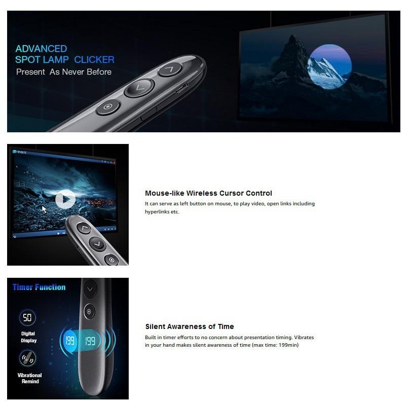 Wireless Presenter Highlighting Magnify Laser Pen Spotlight Timer LED Digital Pointer Air Mouse ...