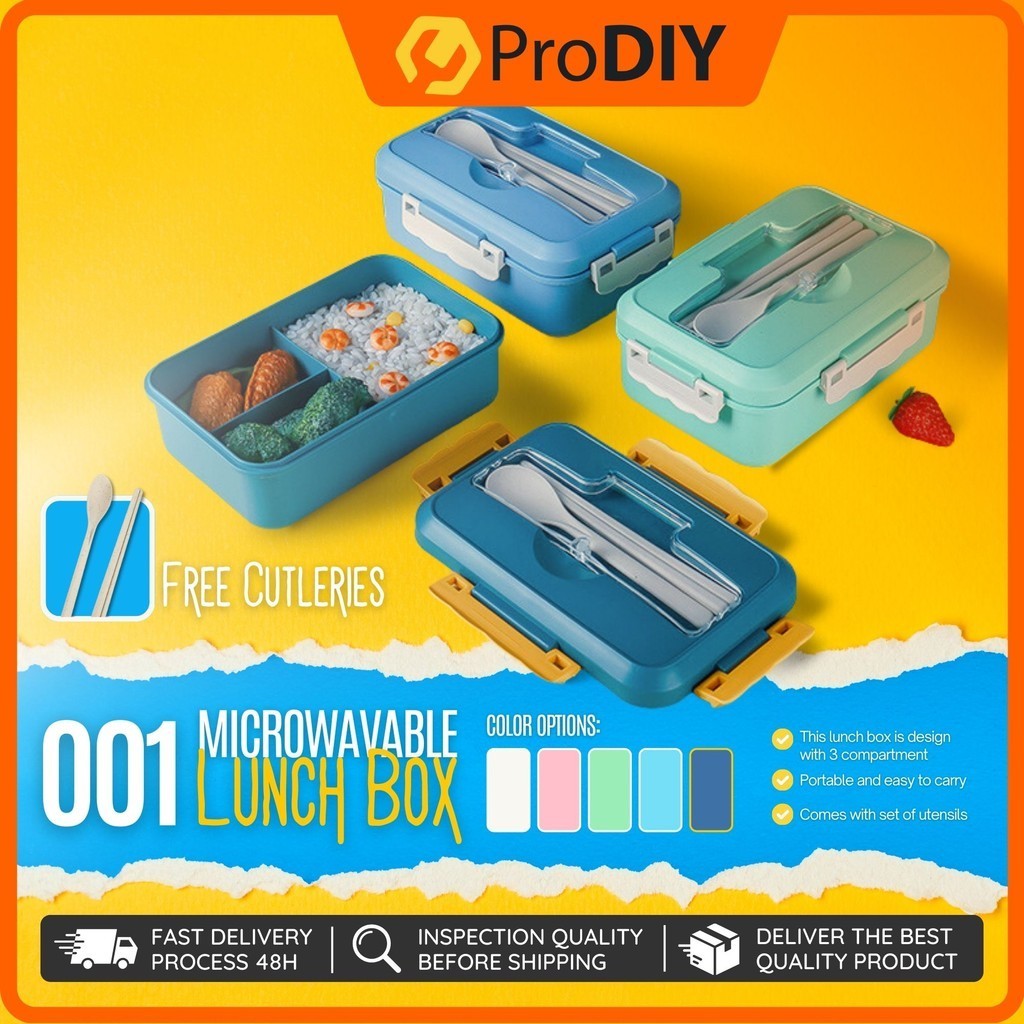 001 Microwavable Lunch Box Bento Box 3 Compartment with Cutlery Storage ...