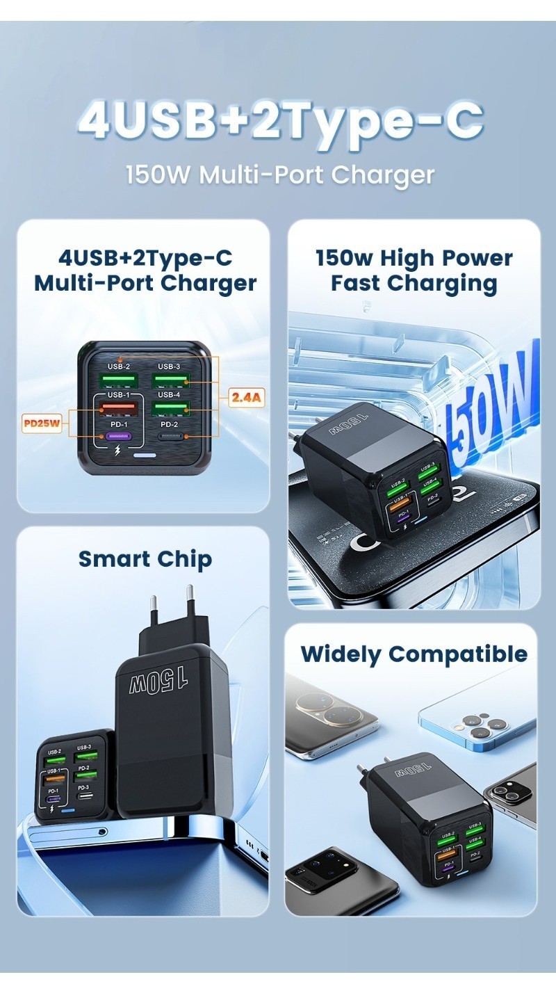 150W Quick Charger 6 port USB Type C PD Charger Fast Charger For ...