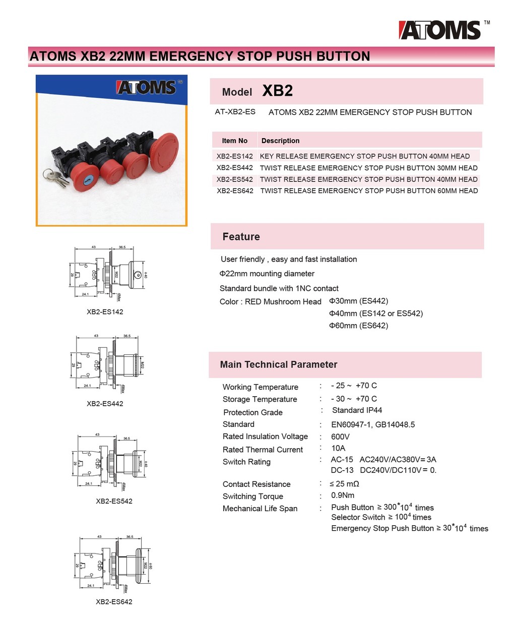 ATOMS XB2 22mm Emergency Stop Push Button C/W 1N/C | Shopee Malaysia