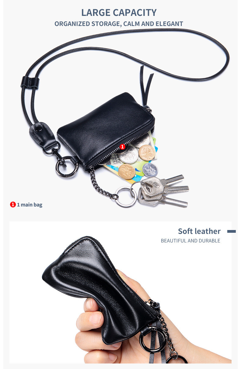 Minimalist Small Wallet Zip Coin Purses Cowhide Hanging Neck Keyring ...