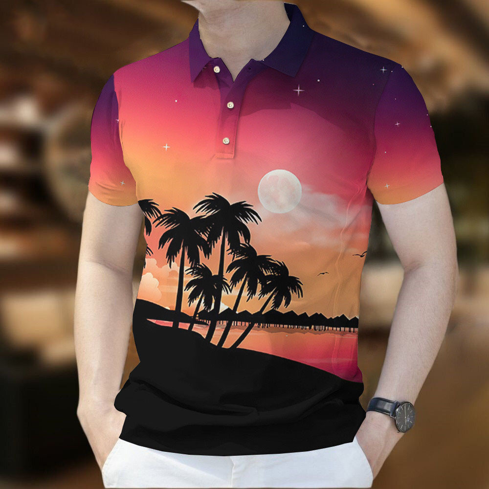 Casual Men's Polo Shirt Coconut Tree Pattern Polo Shirt Men's Hawaiian ...
