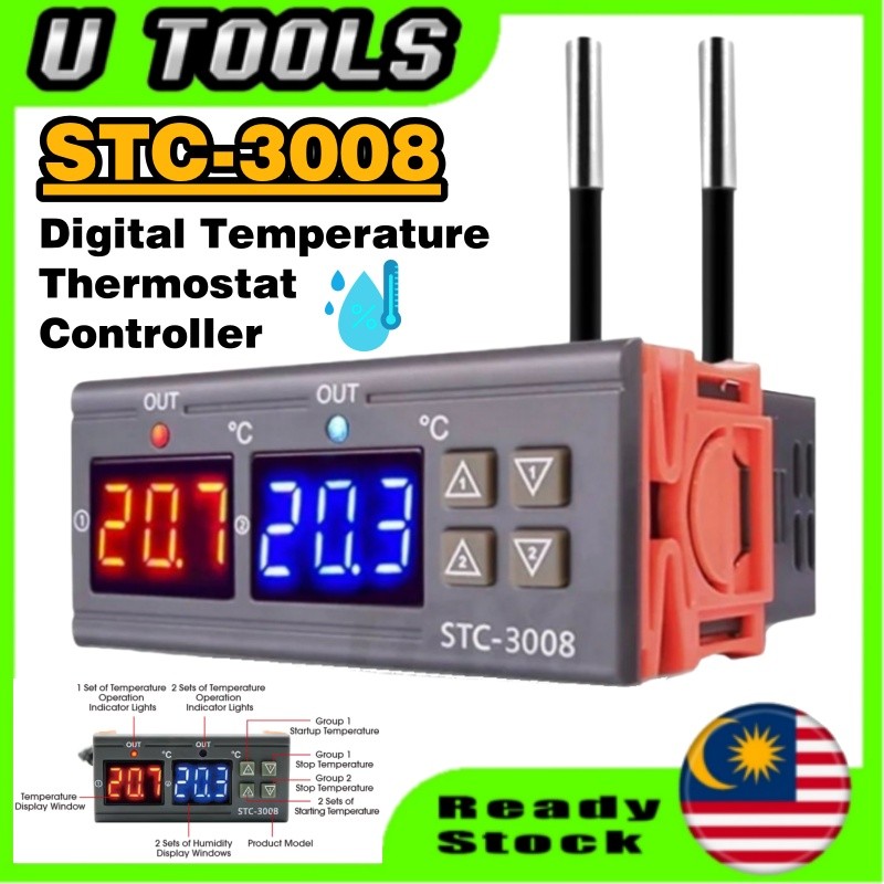 STC-3008 Dual Display Dual NTC Probe Sensor Digital Temperature Thermostat Controller(110-220V ...