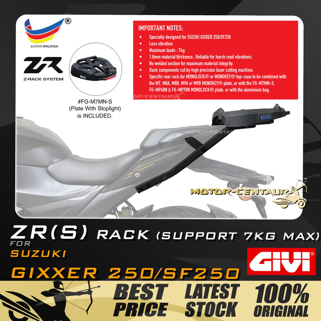 SET KOMBO KOTAK/BOX GIVI B27/B270/B32/B33/B42/B45 TOP CASE + SUZUKI GIXXER 250/SF250 ZR(S) 7KG ...