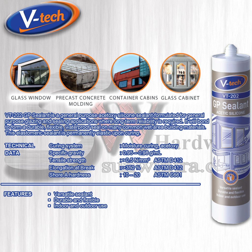 COMBO 1CTN/24 TUBES 2X V-TECH 230ML VT-202 SILICONE SEALANT GP SEALANT VT202 (CLEAR/BLACK/GREY ...