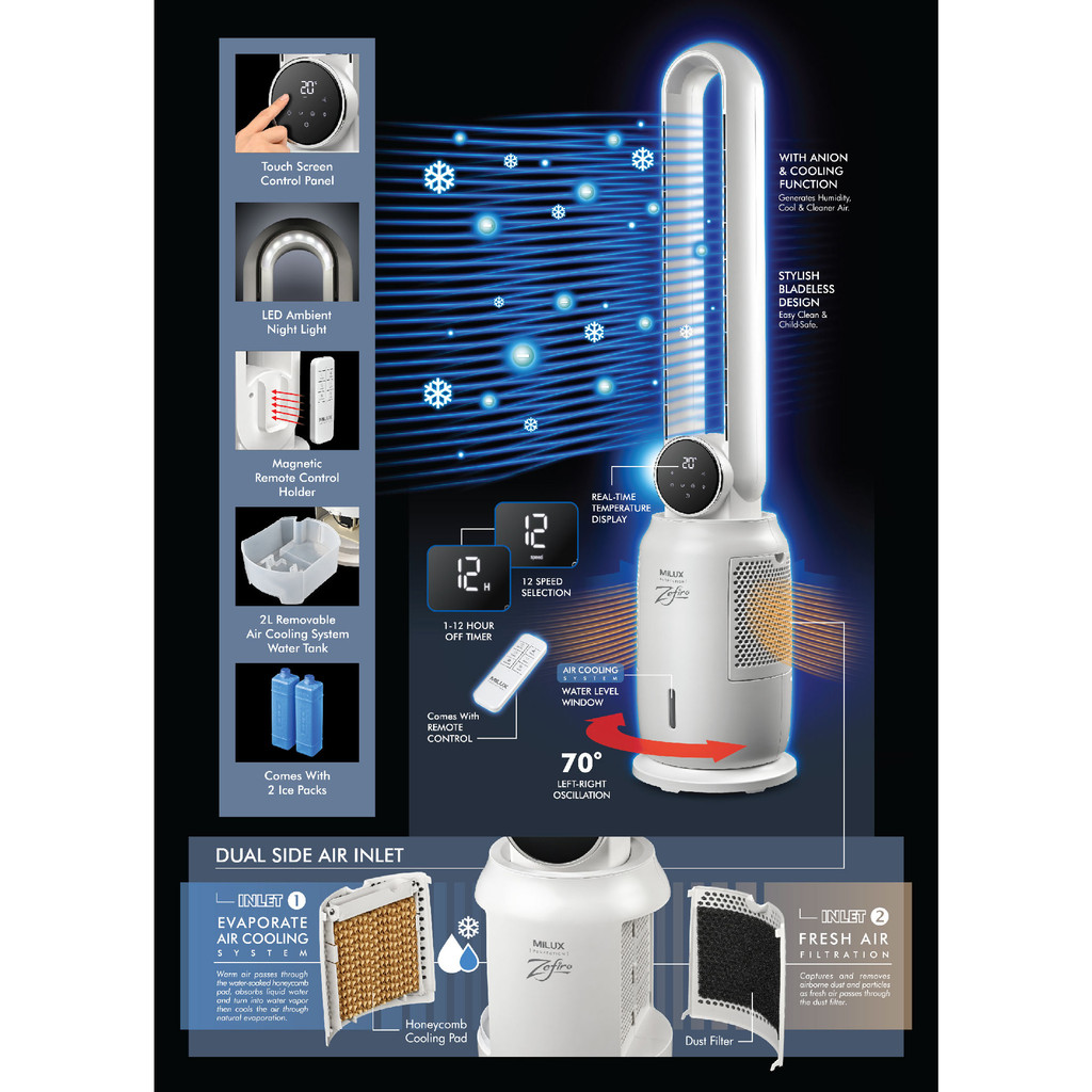 Milux Remote Control Bladeless Fan with Air Cooler MBF35AC | Shopee ...