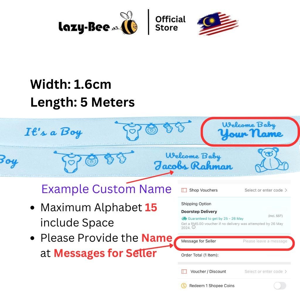 LAZY BEE 5 meters Welcome Baby Ribbons Cute Baby Shower Custom Print ...