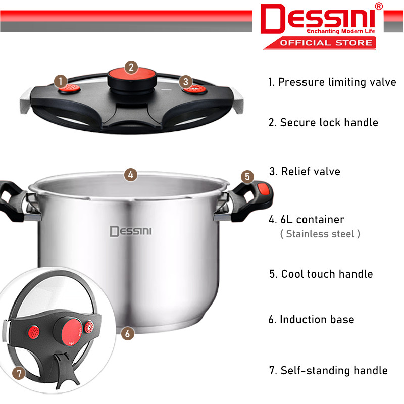 DESSINI ITALY Non-Stick Stainless Steel Induction Pressure Cooker ...