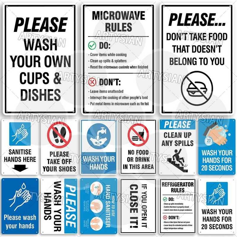 Hygiene Metal Sign Refrigerator Microwave Kitchen Rules Sign WASH YOUR ...