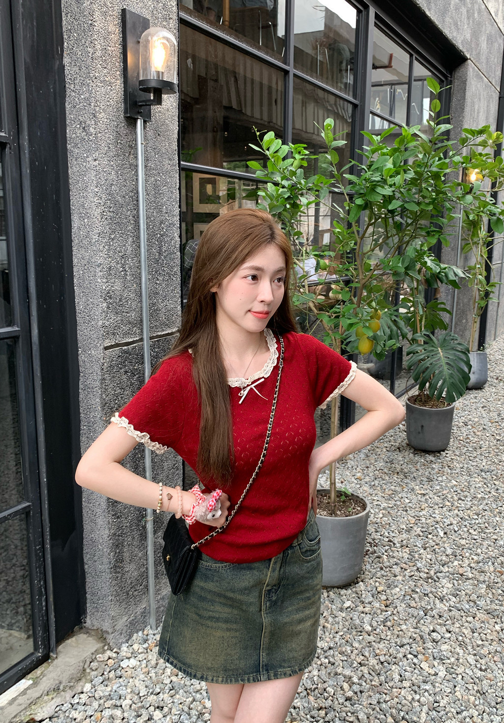 KUMAYES Pure Desire Round Neck Hollow Bow Knitted Short Sleeve Female Korean Version Short ...