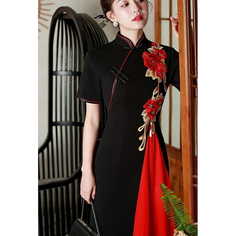 [Dsmyz] Cheongsam Dress Black & Red Colorblock Embroidery Floral Ao Dai ...