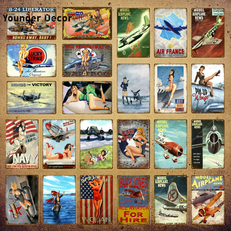 Model Airplane Metal Sign Pin Up Girls Vintage Poster American France ...