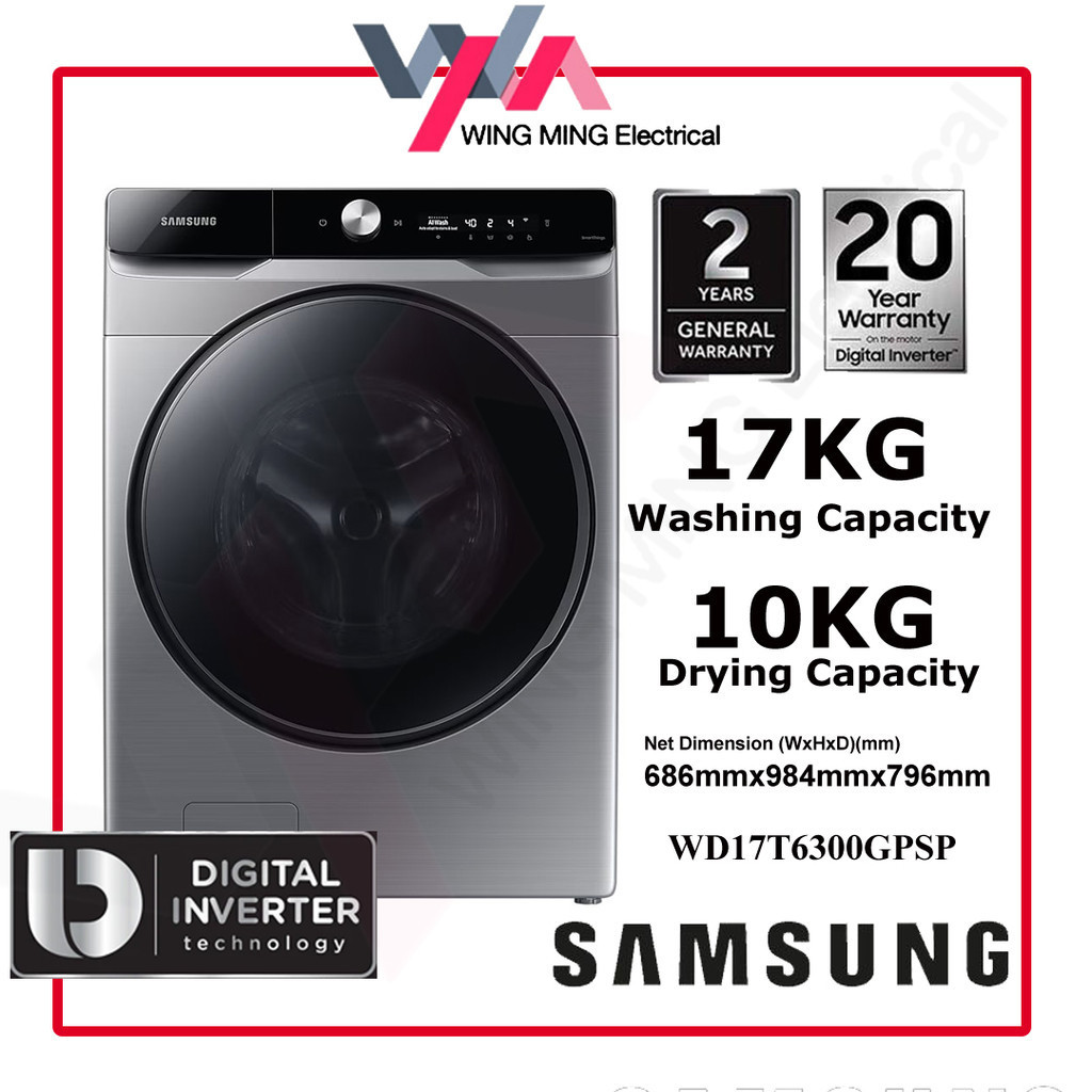 Samsung Front Load Washer Dryer 17KG Wash/8KG Dryer (WD17T6300GP) Washing Machine/Mesin Basuh ...
