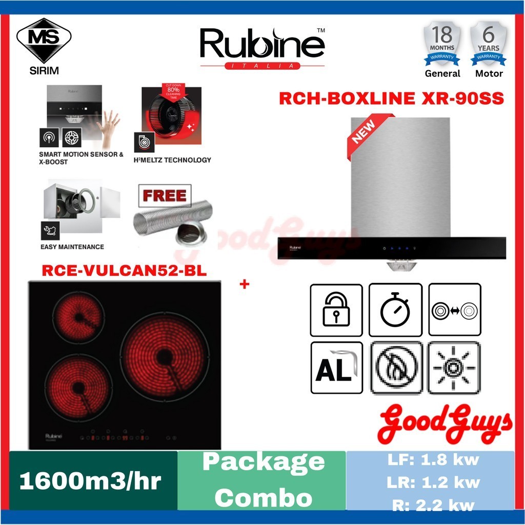 Rubine RCH-BOXLINE XR90-SS Cooker Hood 1600 m³/hr Suction Power+RUBINE ...