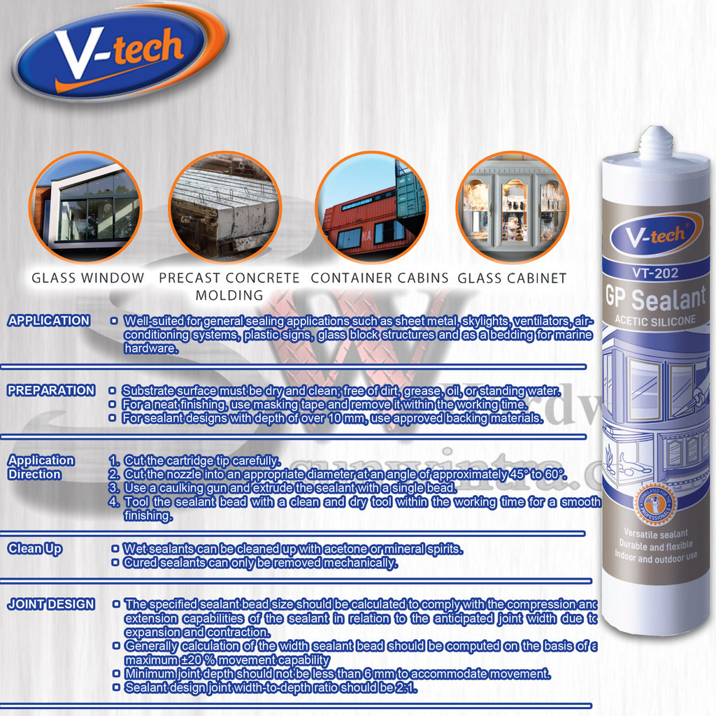 COMBO 1CTN/24 TUBES 2X V-TECH 230ML VT-202 SILICONE SEALANT GP SEALANT VT202 (CLEAR/BLACK/GREY ...