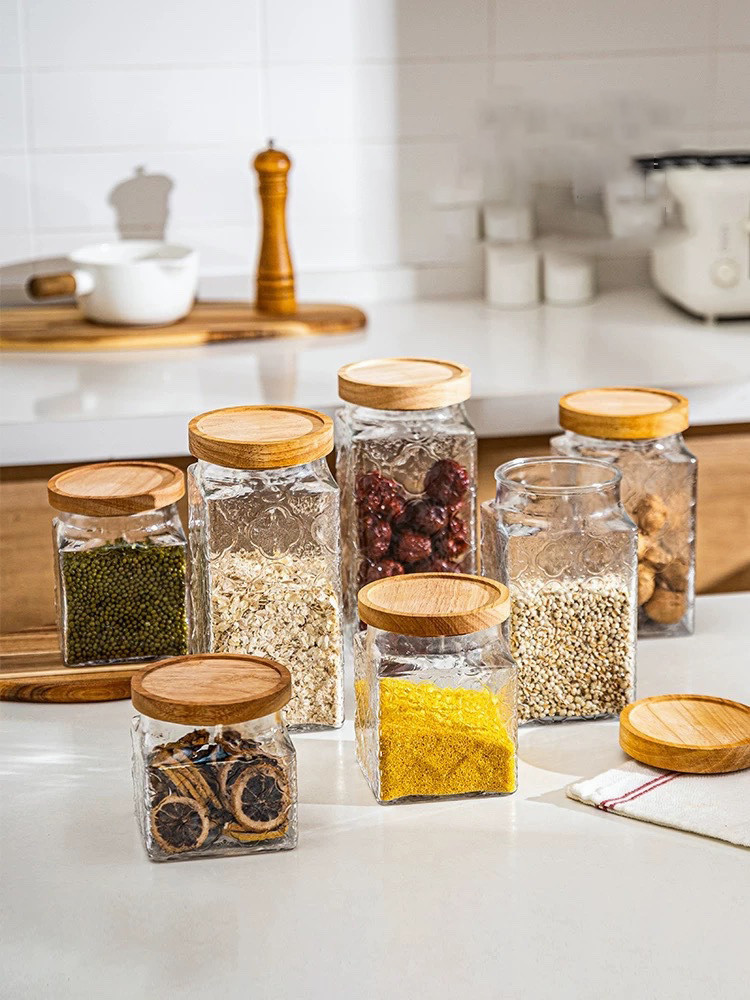 Kitchen plum glass transparent storage jars wooden jars Vintage Glass ...