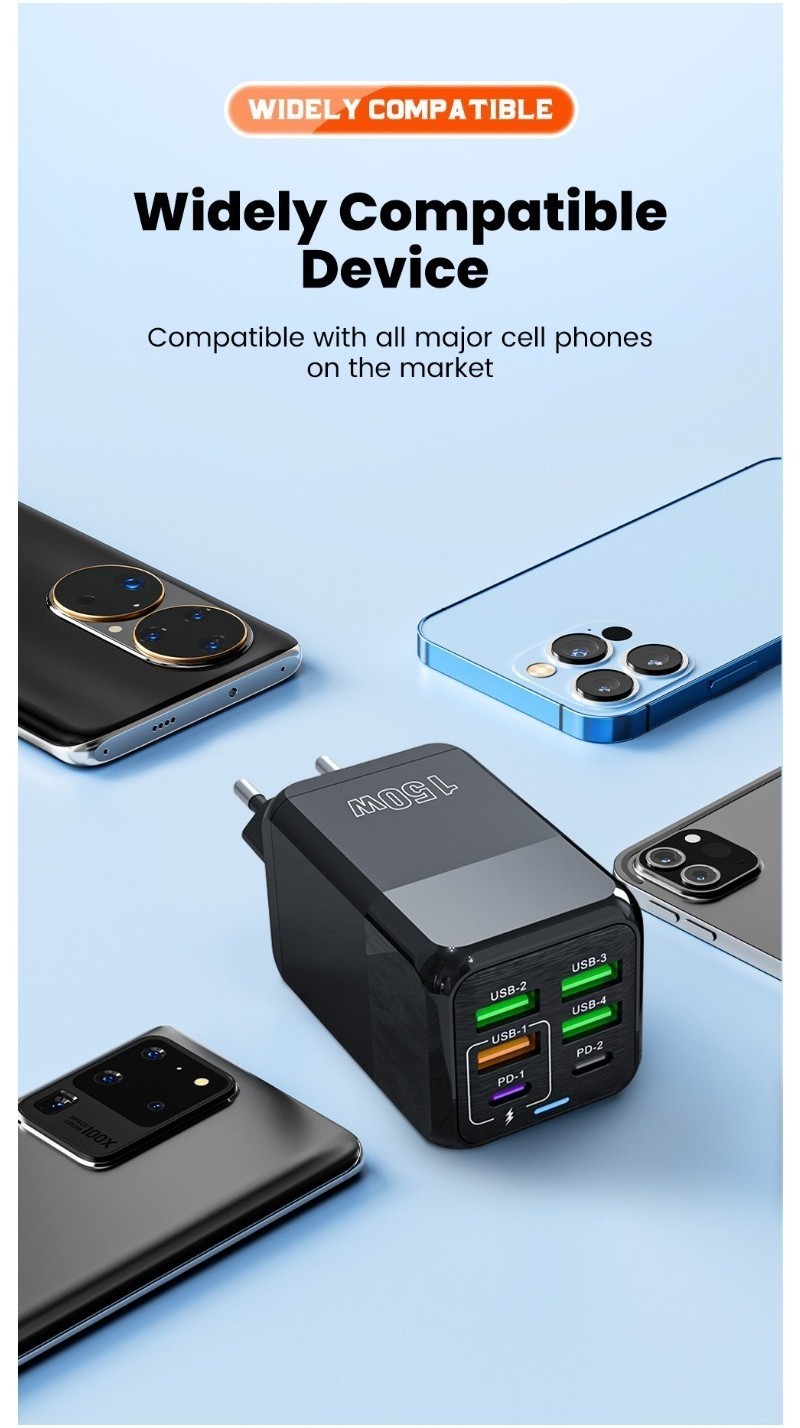 150W Quick Charger 6 port USB Type C PD Charger Fast Charger For ...