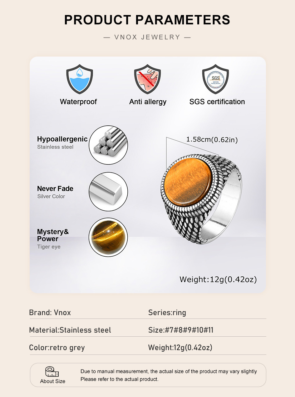 Vnox Round Gemstone Ring for men,Stainless Steel Scales Ring Band ...
