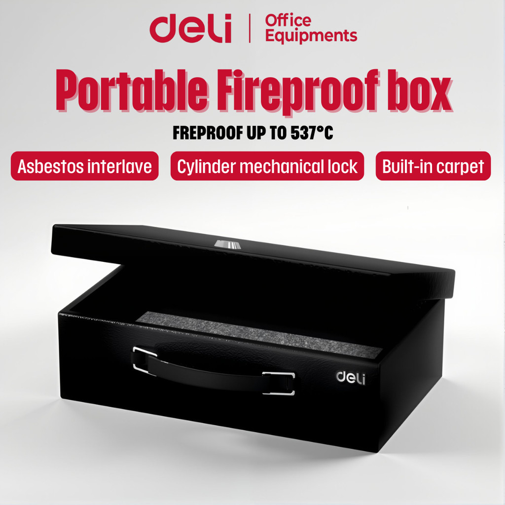Deli Portable Fireproof Cash Box Document Security Safe Box Keypad Fire ...