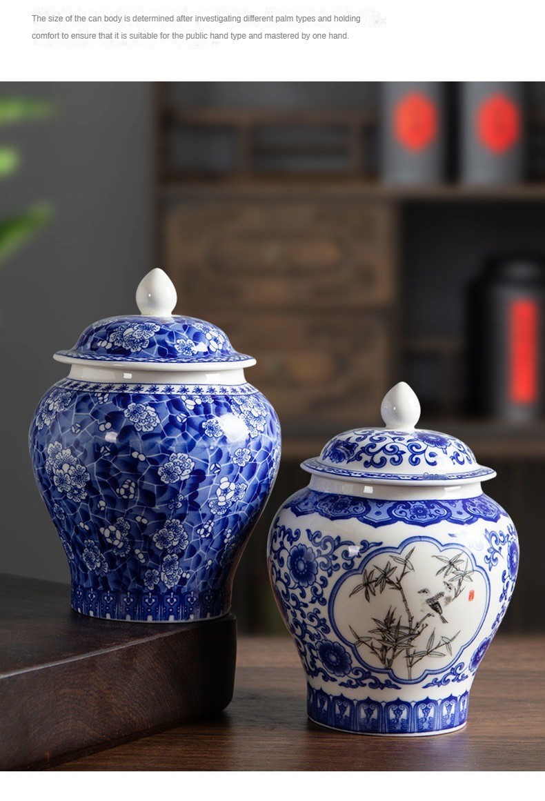 Ceramic Blue and White Tea Cans Temple Jar Retro Chinese Sealed Cans ...