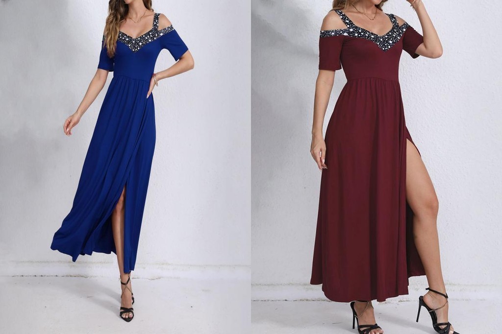 chicstyle Women Prom Dress Solid Color Dress Sparkling Sequin Evening ...