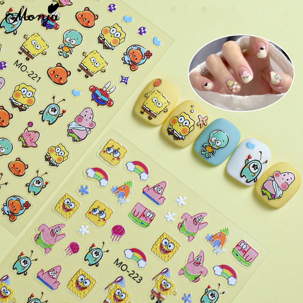 Monja 3D Embossed Nail Stickers Relief Cute Cartoon SpongeBob ...