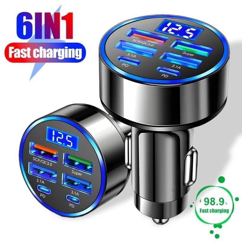 6 In 1 Car Charger - Mini Charge Adapter - 4USB+2PD Multi Port - LED ...