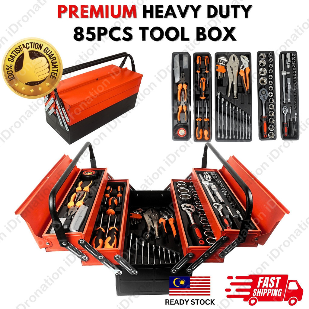 Premium 85PCS Tool Box Socket Spanner Ratchet Wrench Set 3 Layers 85PC Kotak Spanar Cantilever ...