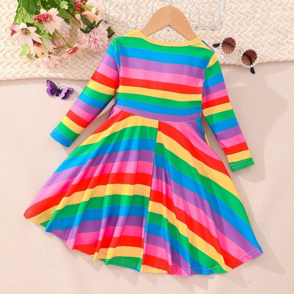 New Rainbow Dress Kids Girl Clothes Colorful Trendy Summer Autumn Long ...