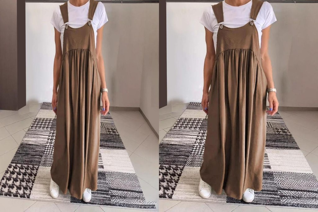 FRA Pleated Detail Long Dress Solid Color Maxi Dress Boho Chic ...