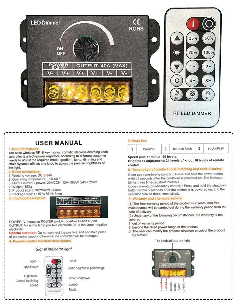 RF LED Stepless Dimmer Switch DC 5V 12V 24V 40A Remote control Single ...